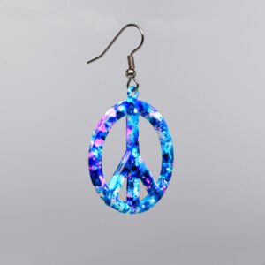 Purple Blue Pink on White Hippie Tie Dye Peace Sign Dangle Earrings (COLORS VARY WIDELY)