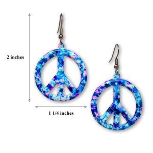 Purple Blue Pink on White Hippie Tie Dye Peace Sign Dangle Earrings (COLORS VARY WIDELY)