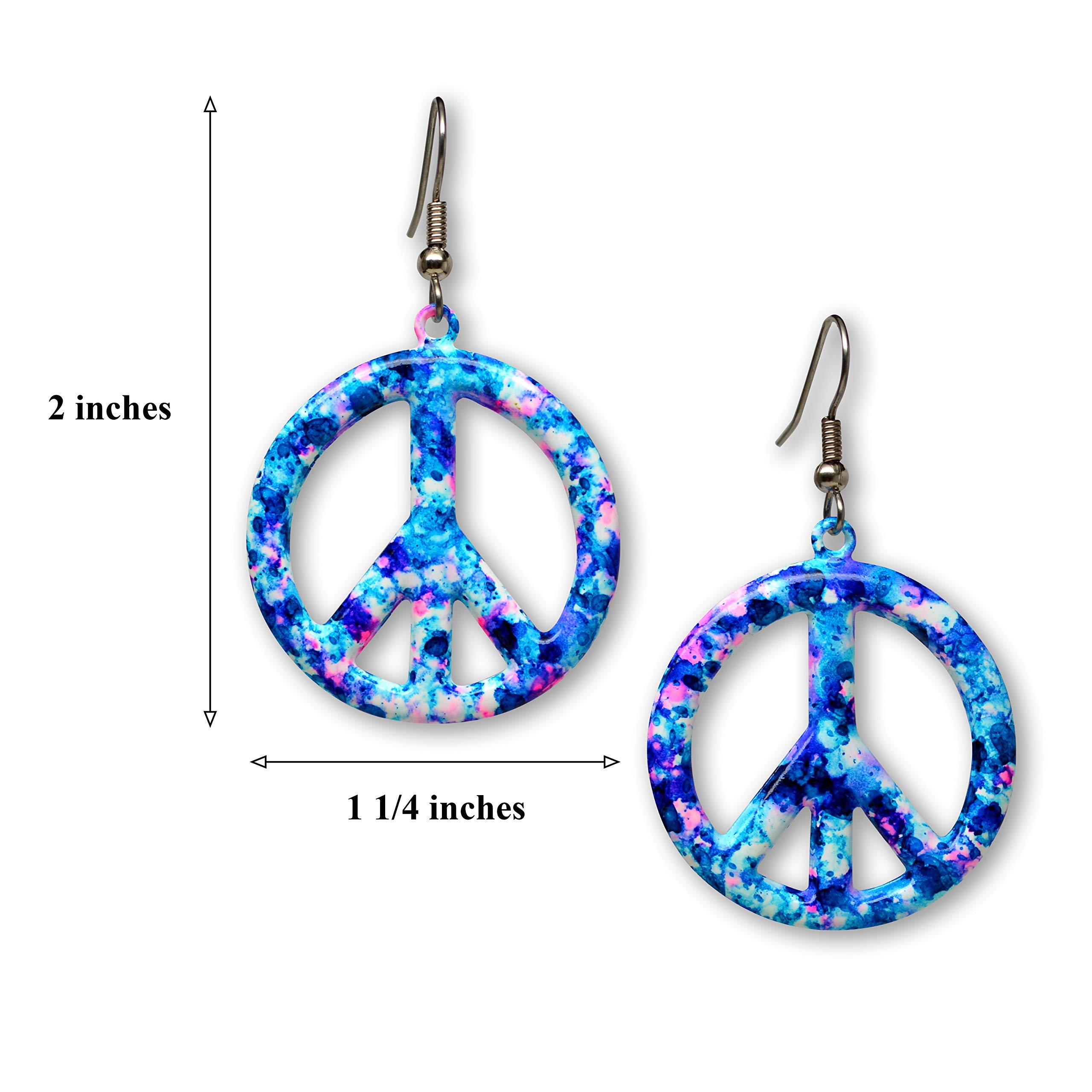 Purple Blue Pink on White Hippie Tie Dye Peace Sign Dangle Earrings (COLORS VARY WIDELY)