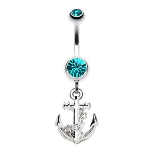 covet jewelry classic anchor dangle belly button ring (14 ga, length: 10mm, teal)