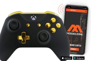 moddedzone custom modded wireless controller for xbox one s/x and pc - with unique smart mods - best for first person shooter games - handcrafted by experts in usa with unique design (black/gold)