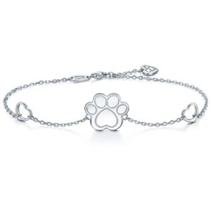 amoraime 925 sterling silver bracelet dog cat paw print of love heart charm adjustable link bracelets for women for pet lover