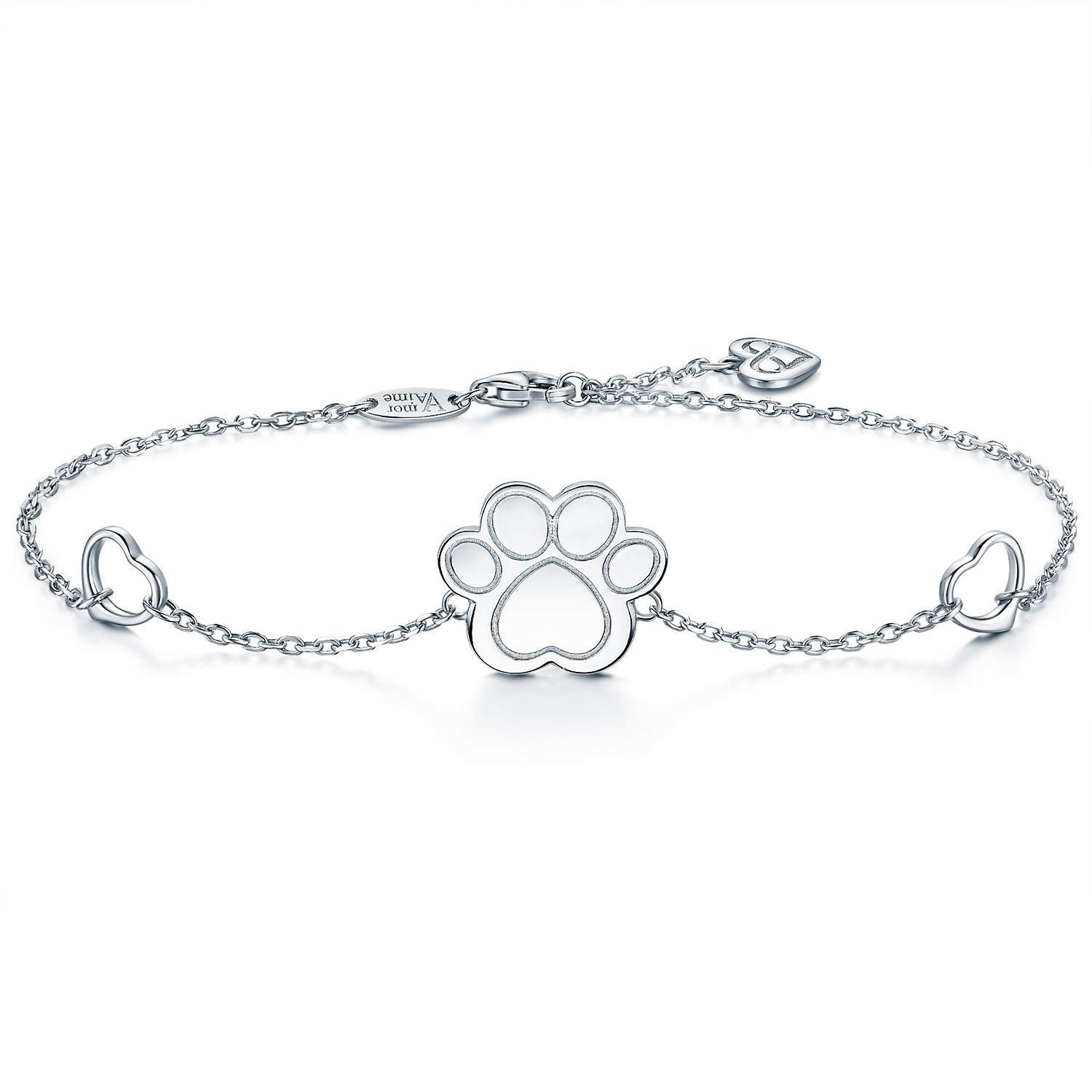 AmorAime 925 Sterling Silver Bracelet Dog Cat Paw Print of Love Heart Charm Adjustable Link Bracelets for Women for Pet Lover