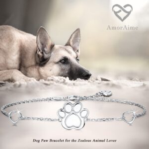 AmorAime 925 Sterling Silver Bracelet Dog Cat Paw Print of Love Heart Charm Adjustable Link Bracelets for Women for Pet Lover