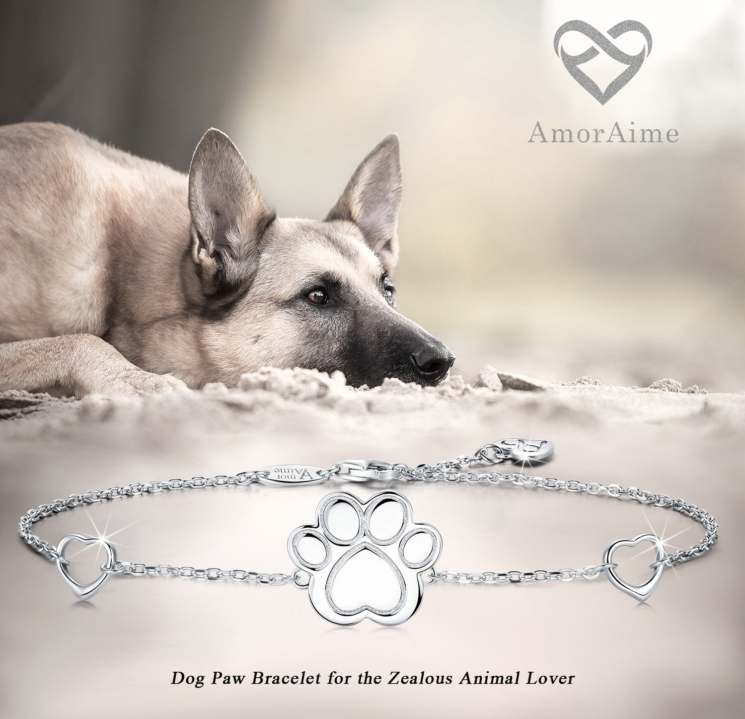 AmorAime 925 Sterling Silver Bracelet Dog Cat Paw Print of Love Heart Charm Adjustable Link Bracelets for Women for Pet Lover