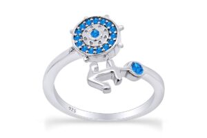 round simulated blue topaz 14k white gold over sterling silver anchor & rudder ring