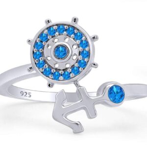 Round Simulated Blue Topaz 14k White Gold Over Sterling Silver Anchor & Rudder Ring