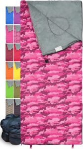 revalcamp lightweight pink-camo sleeping bag indoor & outdoor use. great for kids, youth & adults. ultralight and compact bags are perfect for hiking, backpacking, camping & travel.