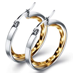 stainless steel two-tone twisted circle hoop earrings (silver gold)