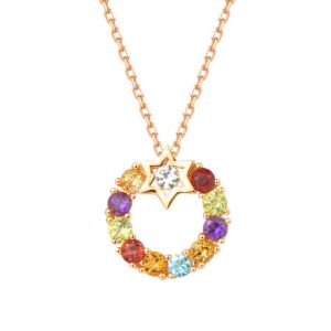 fancime 14k solid yellow gold sapphire topaz amethyst garnet peridot citrine multigemstone round open circle pendant necklace gift for her mom women, 16" + 2" extender