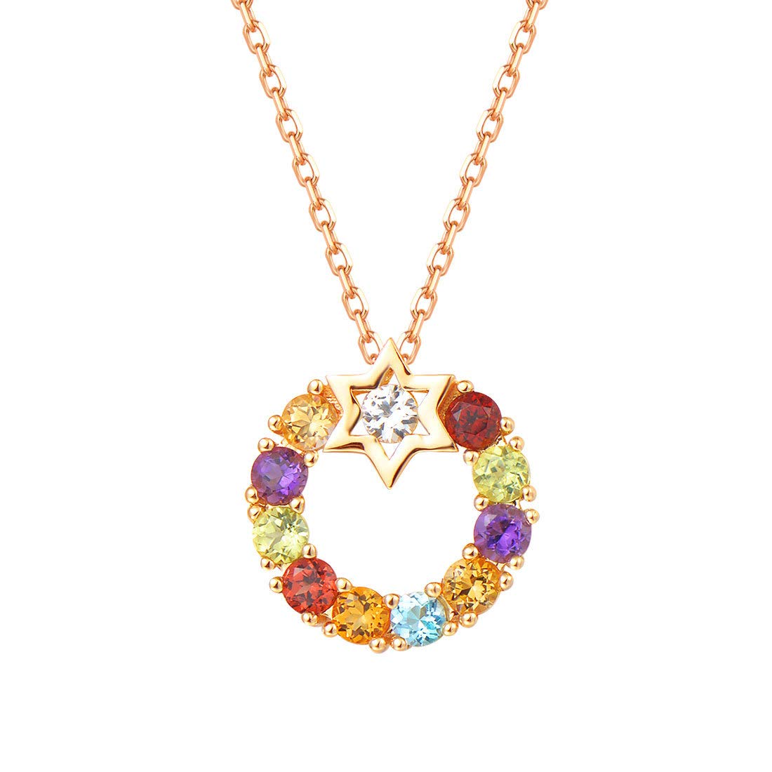 FANCIME 14k Solid Yellow Gold Sapphire Topaz Amethyst Garnet Peridot Citrine Multigemstone Round Open Circle Pendant Necklace Gift For Her Mom Women, 16" + 2" Extender