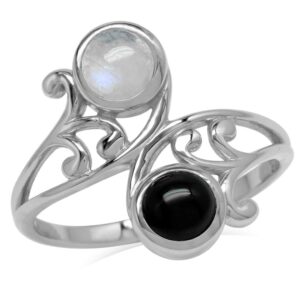 silvershake 5mm natural round shape moonstone and onyx 925 sterling silver leaf and swirl style bypass ring size 7