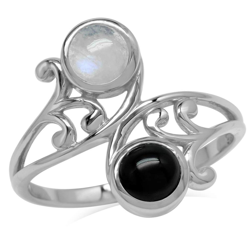 Silvershake 5mm Natural Round Shape Moonstone and Onyx 925 Sterling Silver Leaf and Swirl Style Bypass Ring Size 7