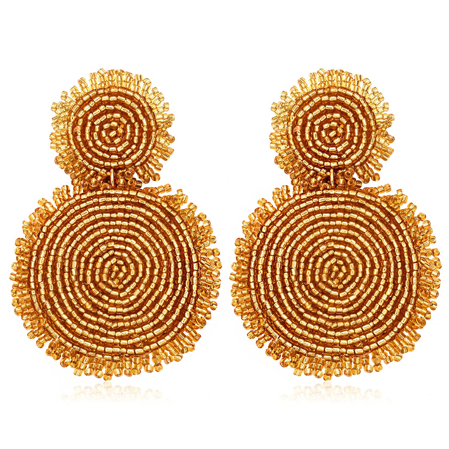 Statement Drop Earrings Double Round Disk Seed Bead Stud Earrings Bohemian Beaded Round Earring For Women (Gold)