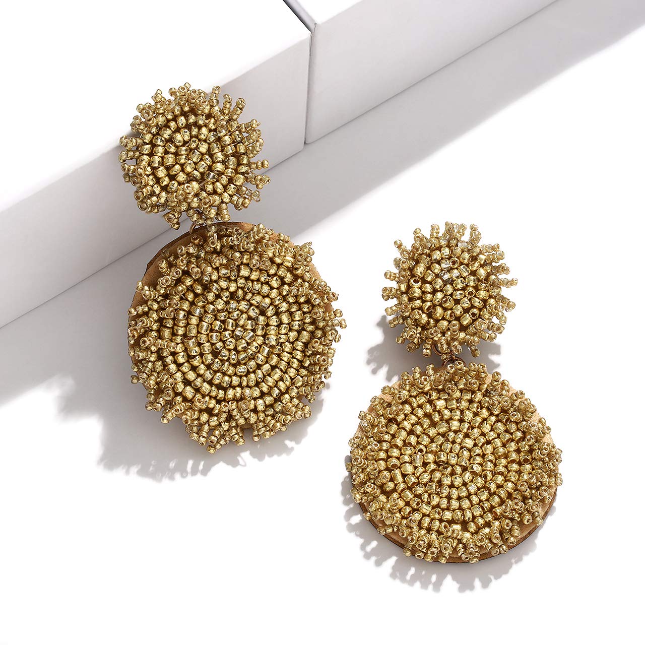 Statement Drop Earrings Double Round Disk Seed Bead Stud Earrings Bohemian Beaded Round Earring For Women (Gold)