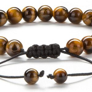 Hamoery Men Women 8mm Tiger Eye Stone Beads Bracelet Braided Rope Natural Stone Yoga Bracelet Bangle(Tiger Eye Stone)