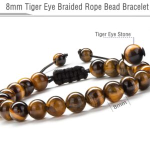 Hamoery Men Women 8mm Tiger Eye Stone Beads Bracelet Braided Rope Natural Stone Yoga Bracelet Bangle(Tiger Eye Stone)