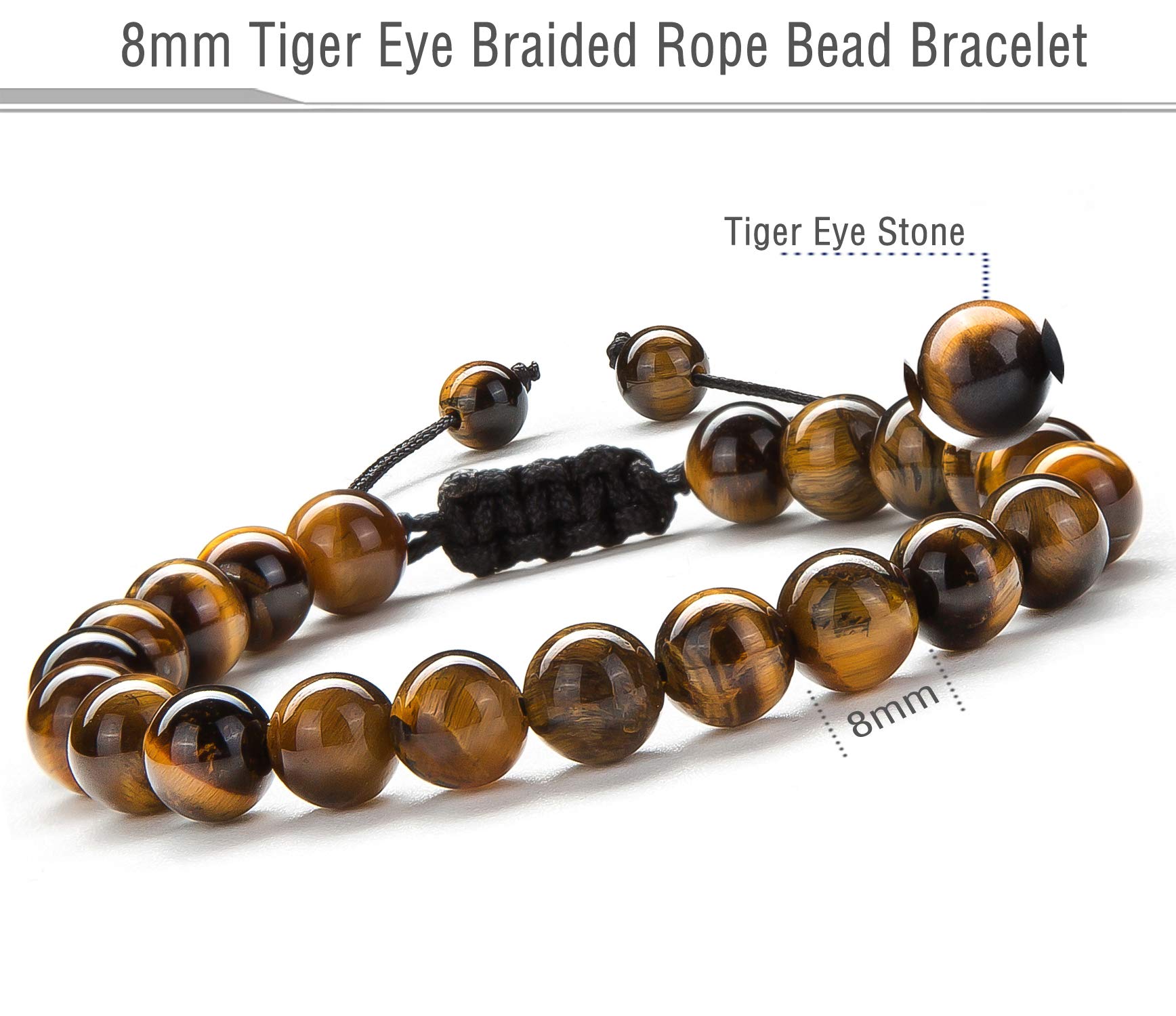 Hamoery Men Women 8mm Tiger Eye Stone Beads Bracelet Braided Rope Natural Stone Yoga Bracelet Bangle(Tiger Eye Stone)