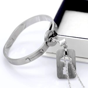 Uloveido His and Hers Matching Set Couple Titanium Only You Have My Key Bangle Bracelet Lock and Key Necklace Set for Girlfriend and Boyfriend SN300