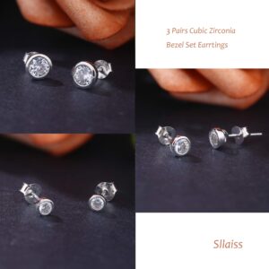 Sllaiss Sterling Silver Cubic Zirconia Bezel Set Stud Earrings Set for Women Round Cut CZ Earrings 3 Pairs Martini Stud Earrings Hypoallergenic