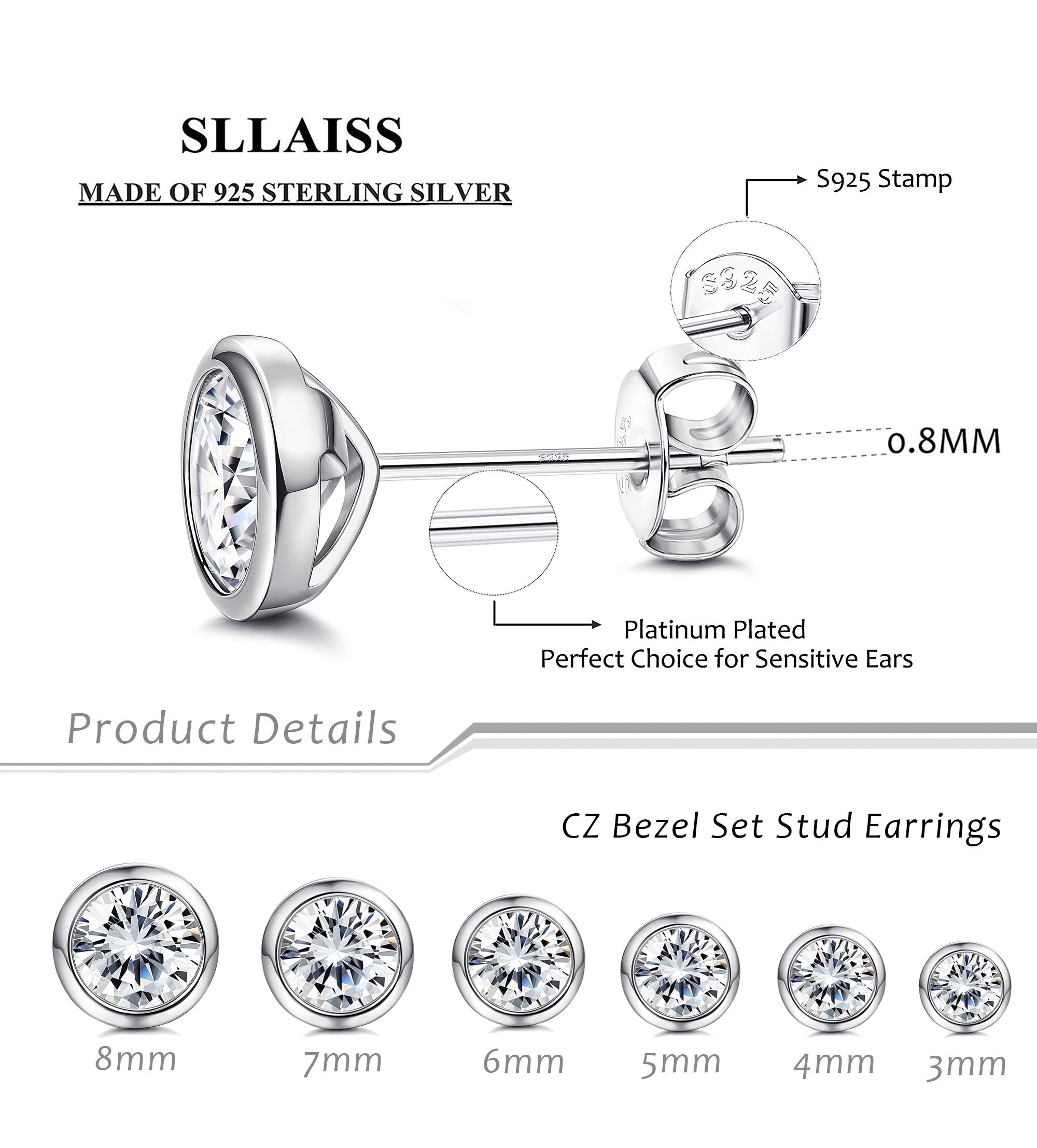 Sllaiss Sterling Silver Cubic Zirconia Bezel Set Stud Earrings Set for Women Round Cut CZ Earrings 3 Pairs Martini Stud Earrings Hypoallergenic