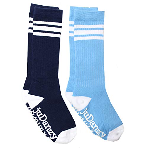 juDanzy 2 Pack of Baby, Toddler and Kids Knee High Tube Socks for Boys and Girls with Grips (4-6 Years, Navy & Columbia Blue Stripes)