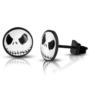 10 mm black stainless steel jack skellington round circle button stud post earrings