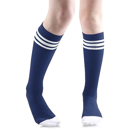 juDanzy 2 Pack of Baby, Toddler and Kids Knee High Tube Socks for Boys and Girls with Grips (4-6 Years, Navy & Columbia Blue Stripes)