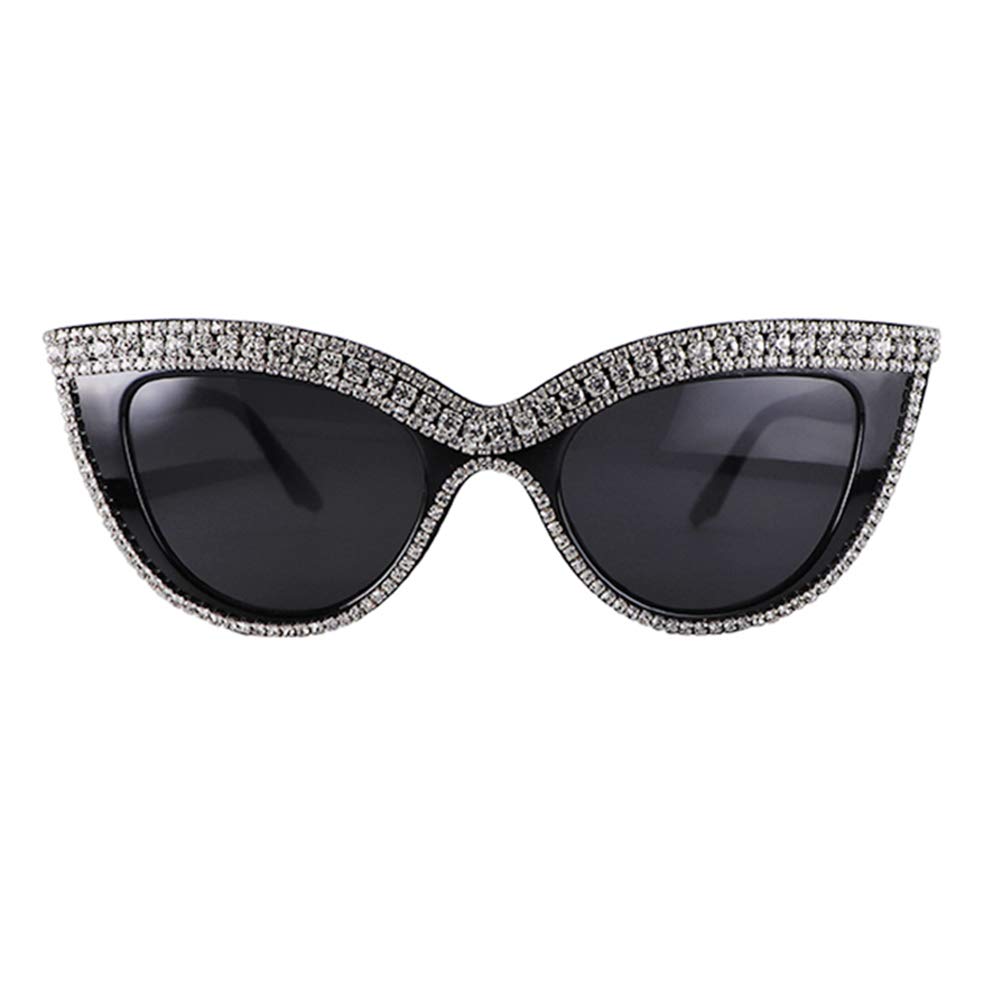 FUPRECIOUS Cat Eye Sunglasses Bling Rhinestones Crystal Black Plastic Frame Eyewear