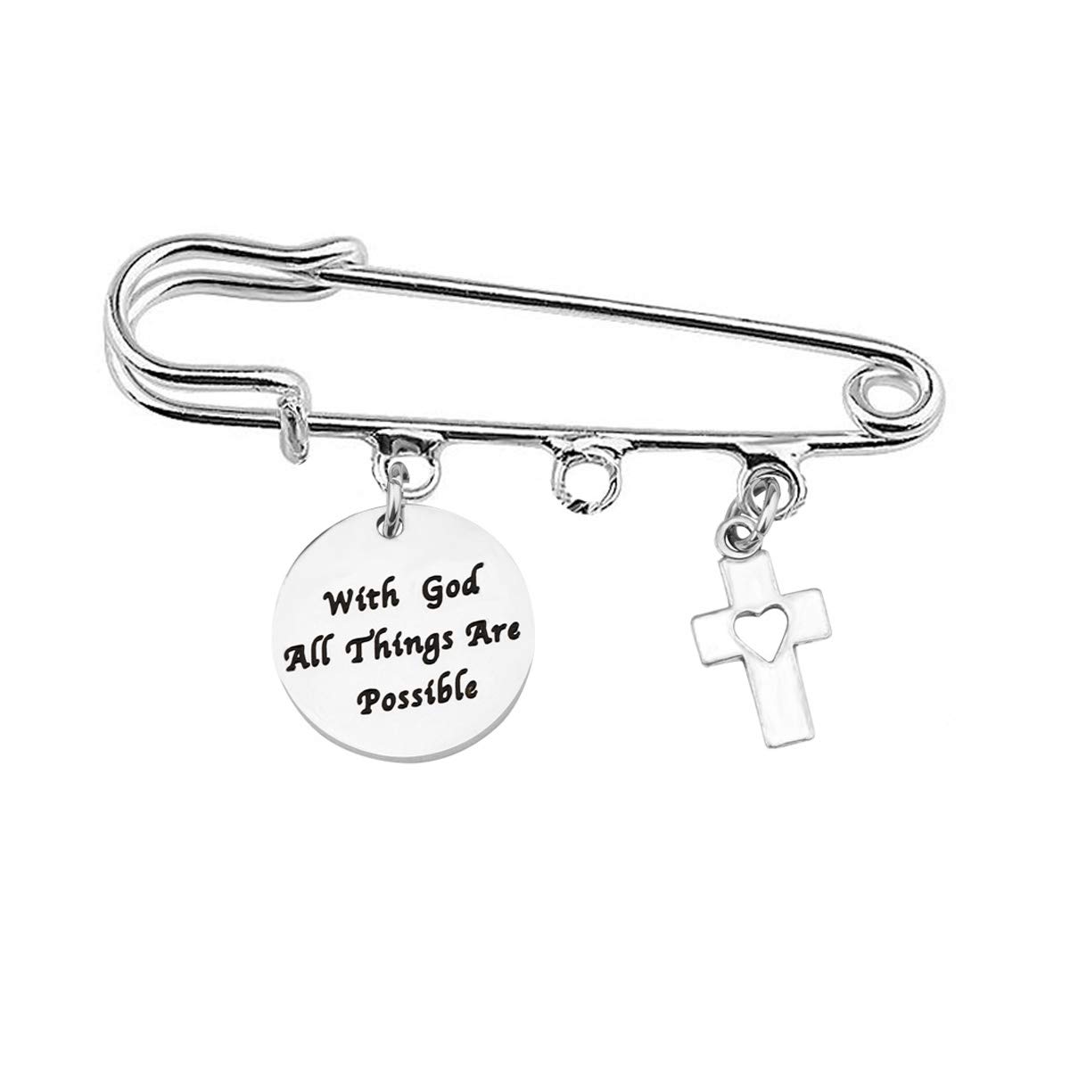 LQRI Cross Charm Safety Pin Brooch With God All Things Are Possible Christian Bible Verse Quote Charm Brooches Being Jewelry