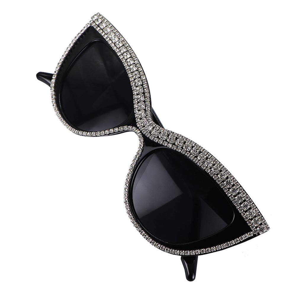 FUPRECIOUS Cat Eye Sunglasses Bling Rhinestones Crystal Black Plastic Frame Eyewear