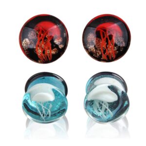 newzenro glass ocean jellyfish ear plugs gauges tunnel expanders stretcher unique earrings double flared piercings body jewelry blue red set (9/16"(14mm))