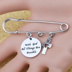 LQRI Cross Charm Safety Pin Brooch With God All Things Are Possible Christian Bible Verse Quote Charm Brooches Being Jewelry