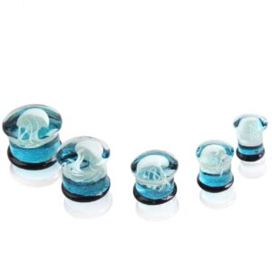 Glass Ocean Jellyfish Ear Plugs Gauges Tunnel Expanders Stretcher Unique Earrings Double Flared Piercings Body Jewelry Blue Red Set (0g(8mm))