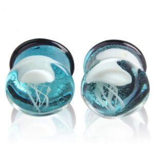 Glass Ocean Jellyfish Ear Plugs Gauges Tunnel Expanders Stretcher Unique Earrings Double Flared Piercings Body Jewelry Blue Red Set (0g(8mm))