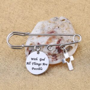 LQRI Cross Charm Safety Pin Brooch With God All Things Are Possible Christian Bible Verse Quote Charm Brooches Being Jewelry