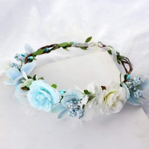 YnimioAOX Handmade Adjustable Flower Wreath Headband Halo Floral Crown Garland Headpiece,B21-Light blue/white