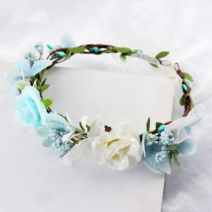 YnimioAOX Handmade Adjustable Flower Wreath Headband Halo Floral Crown Garland Headpiece,B21-Light blue/white