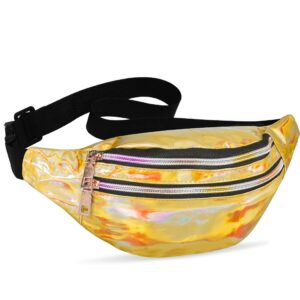 LIVACASA Holographic Fanny Packs for Women Cute Waist Packs Shiny Waist Bum Bag Waterproof for Travel Party Festival Running Hiking Gold