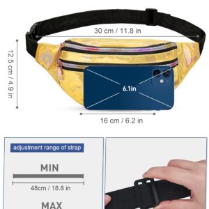 LIVACASA Holographic Fanny Packs for Women Cute Waist Packs Shiny Waist Bum Bag Waterproof for Travel Party Festival Running Hiking Gold