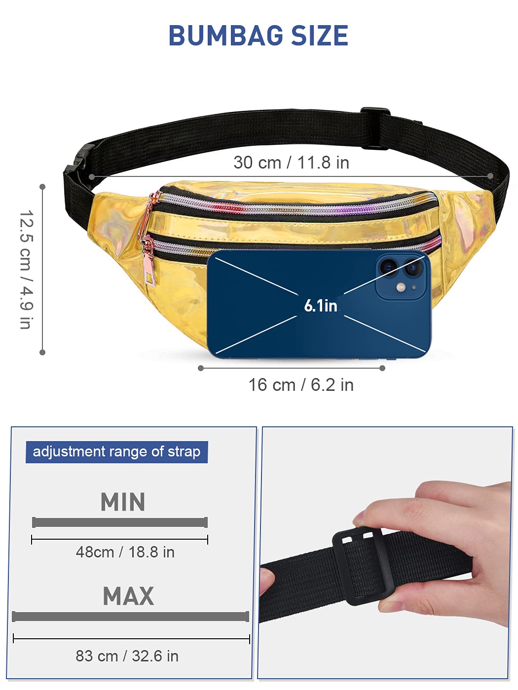 LIVACASA Holographic Fanny Packs for Women Cute Waist Packs Shiny Waist Bum Bag Waterproof for Travel Party Festival Running Hiking Gold