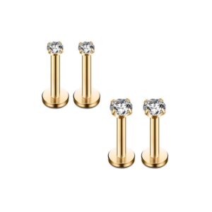 16g clear cz labret monroe lip ring tragus nail helix earring stud piercing jewelry surgical stainless steel 2mm 3mm cz 8mm bar 4-8 pcs (2 pairs yellow gold - bar 8mm; cz:2-3mm)