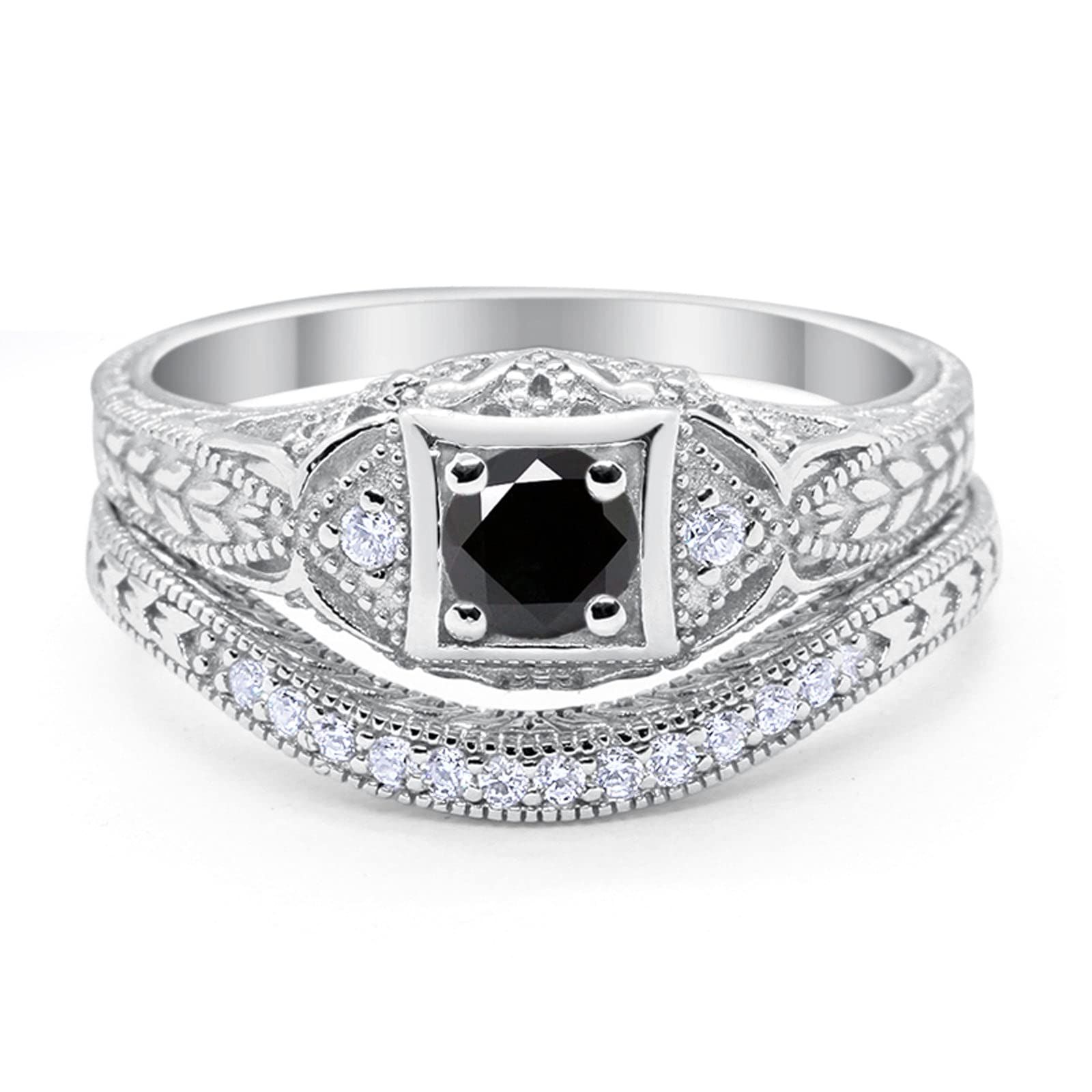 Blue Apple Co. Art Deco Vintage Style Two Piece Wedding Engagement Bridal Set Ring Band Round Simulated Black CZ Cubic Zirconia 925 Sterling Silver Size-9