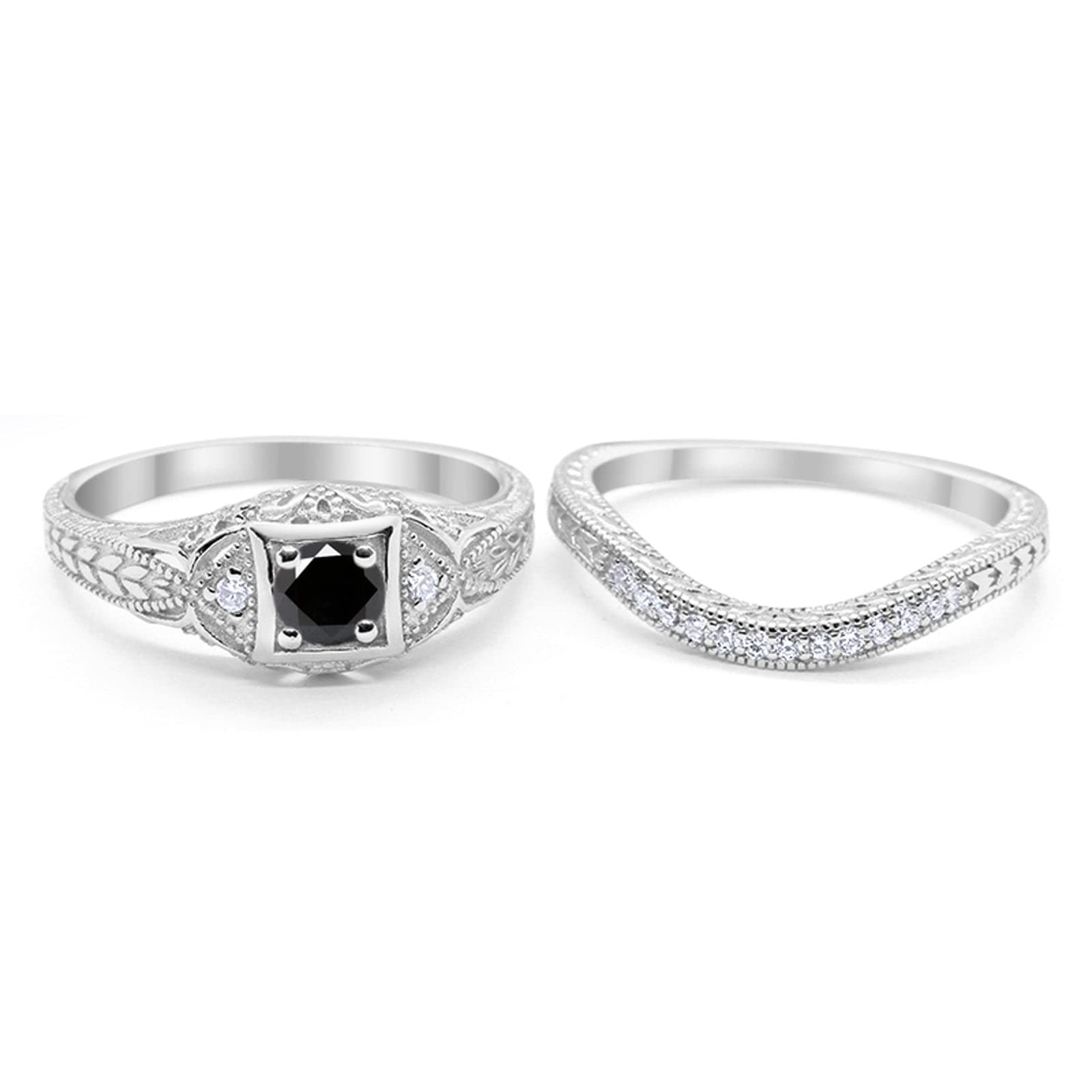 Blue Apple Co. Art Deco Vintage Style Two Piece Wedding Engagement Bridal Set Ring Band Round Simulated Black CZ Cubic Zirconia 925 Sterling Silver Size-9