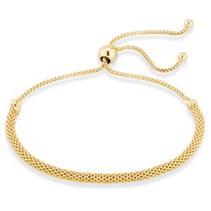 miabella 925 sterling silver or 18kt yellow gold over silver italian adjustable bolo 3mm round mesh chain bracelet for women made in italy (yellow-gold-plated-silver)