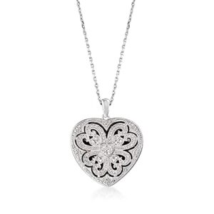 ross-simons sterling silver scrolled heart locket necklace with diamond accents. 16 inches