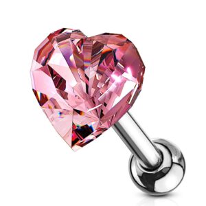 amelia fashion 16 gauge crystal heart top tragus/cartilage barbell stud 316l surgical steel length 6mm (choose color) (pink)