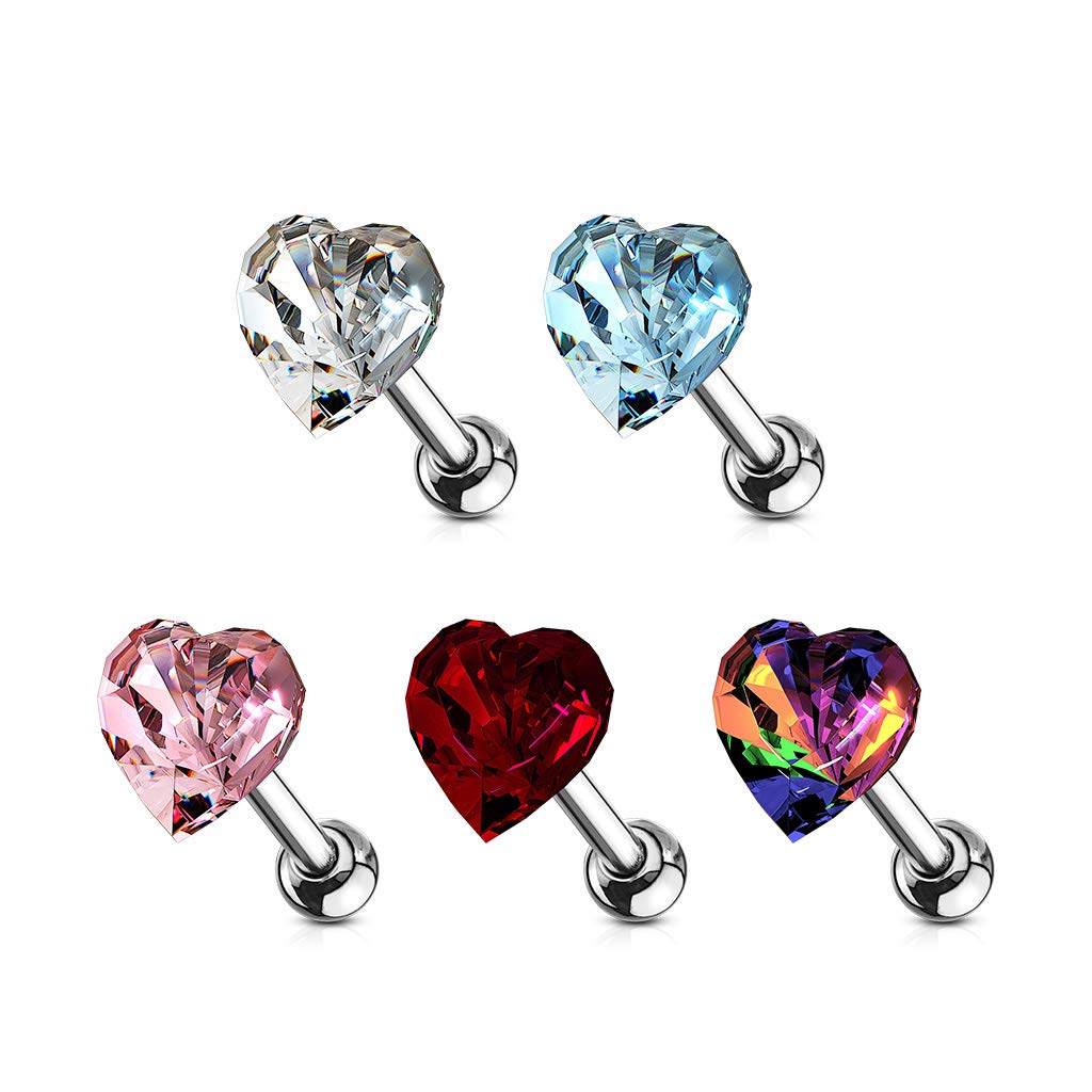 Amelia Fashion 16 Gauge Crystal Heart Top Tragus/Cartilage Barbell Stud 316L Surgical Steel Length 6mm (Choose Color) (Pink)