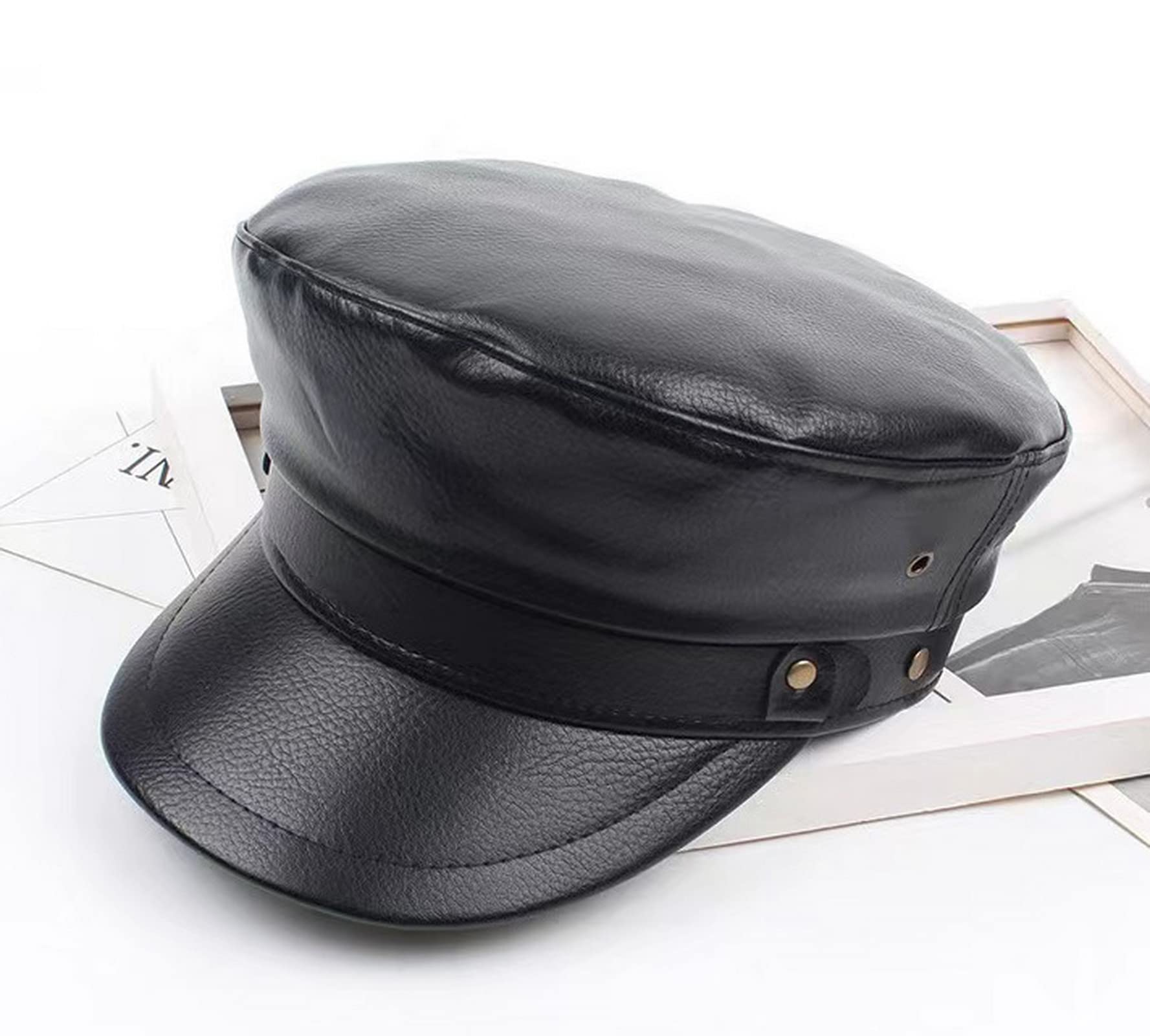 Brcus Women Yacht Captain Sailor Hat PU Newsboy Cabbie Baker Boy Peaked Beret Cap Black#2