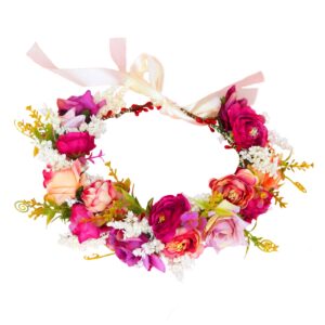 Vivivalue Rose Flower Crown Flower Garland Headband Hair Wreath Floral Headpiece Halo Boho Party Wedding